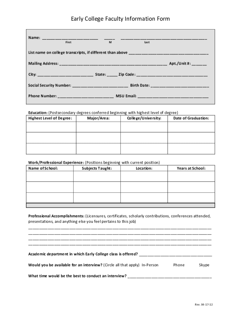 Fillable Online Early College Faculty Information Form Fax Email Print ...