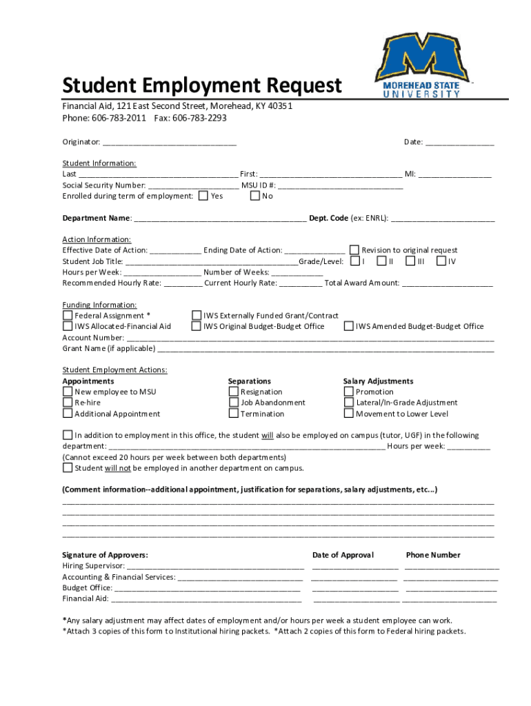 Fillable Online Student Employment Request - Morehead State University ...