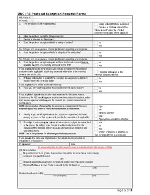 UNC IRB Protocol Exception Request : IRB Study #: PI ... Doc Template | pdfFiller