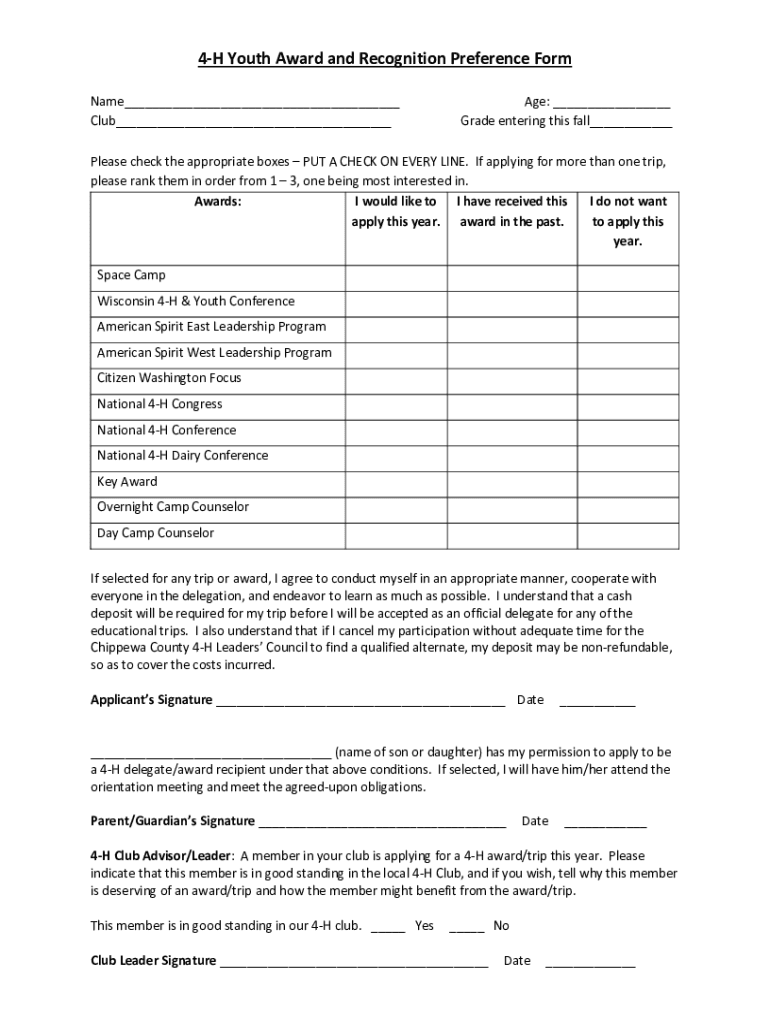 Fillable Online 4-H Youth Award and Recognition Preference Form Fax ...