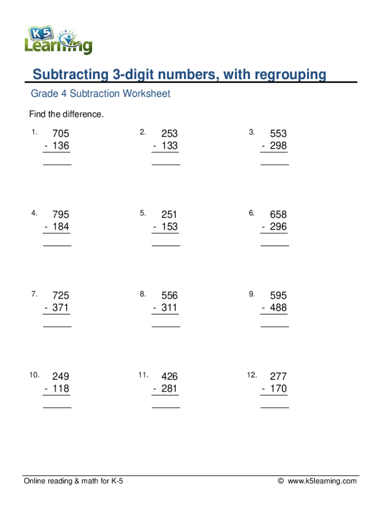 Fillable Online Grade 4 Subtraction Worksheet - Subtracting 3-digit ...