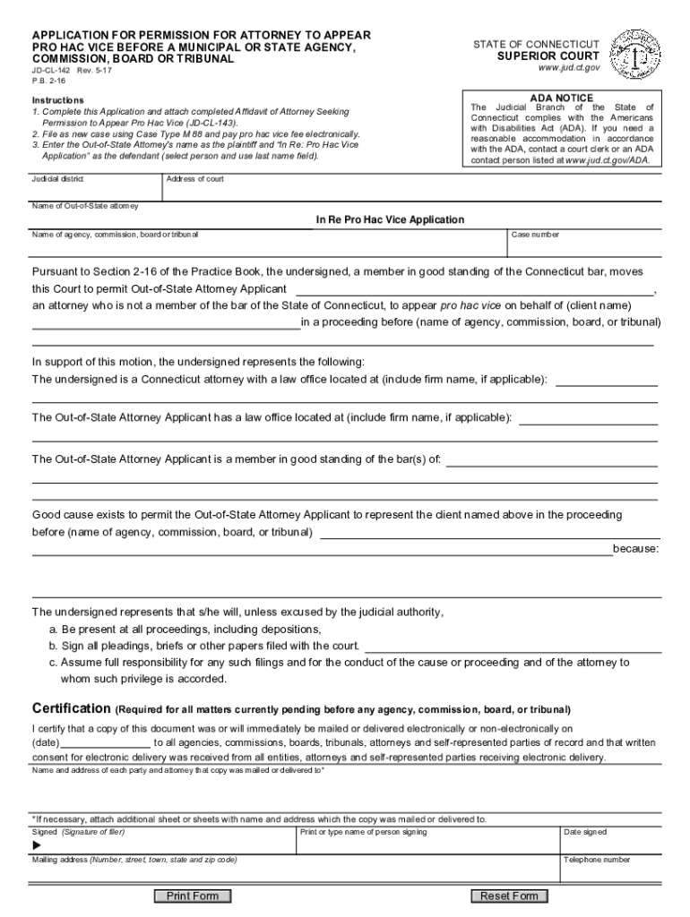 Fillable Online jud ct Application for Permission for Attorney to Appear Pro Hac Vice ... Fax ...