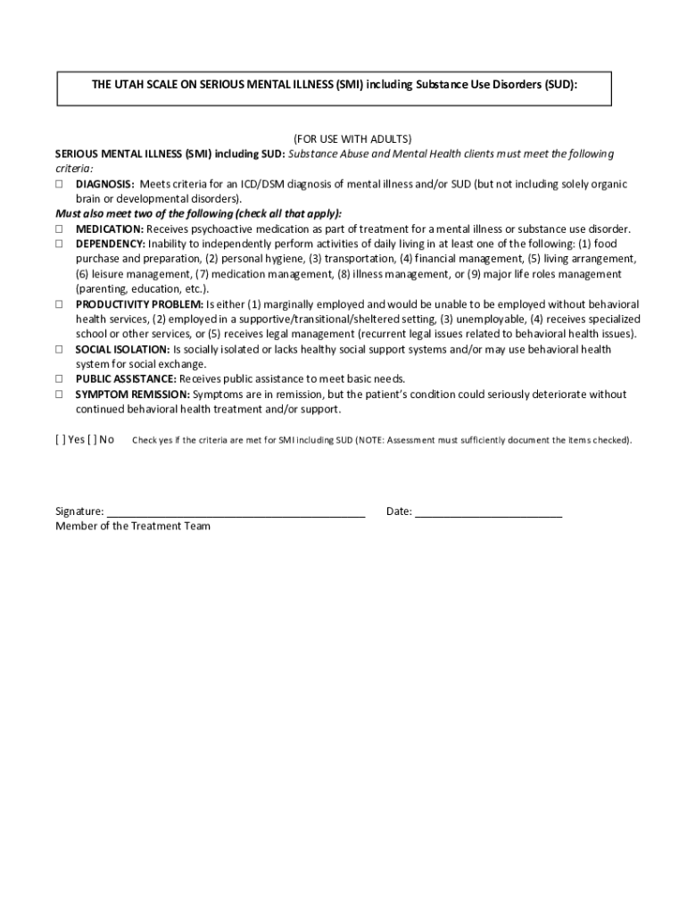 Fillable Online dsamh utah THE UTAH SCALE ON SERIOUS MENTAL ILLNESS (SMI) including ... Fax ...