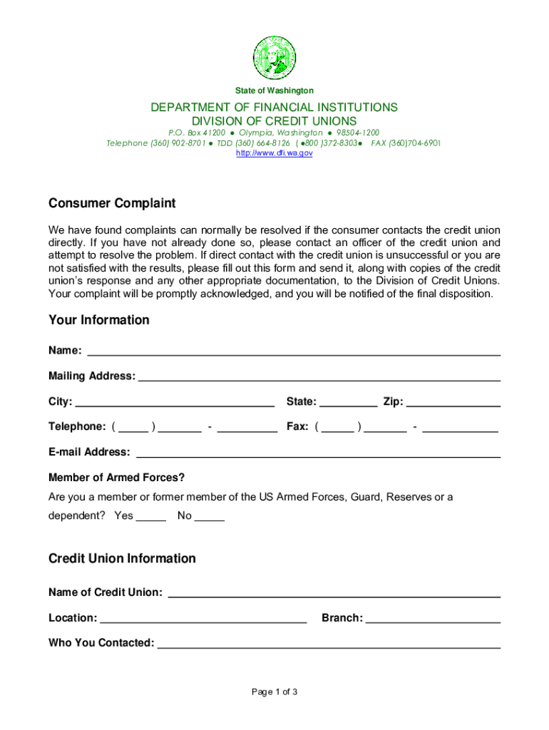 Fillable Online dfi wa Credit Unions Complaint Form. Credit Unions ...