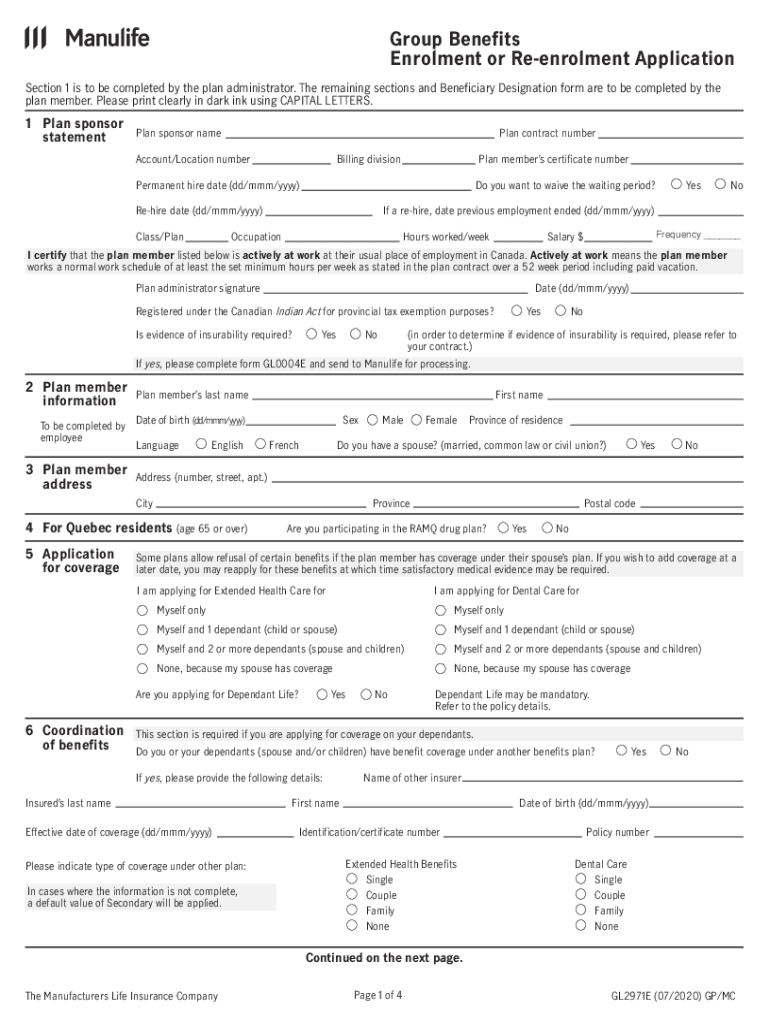 Fillable Online Group Benefits Application for Group Coverage ...