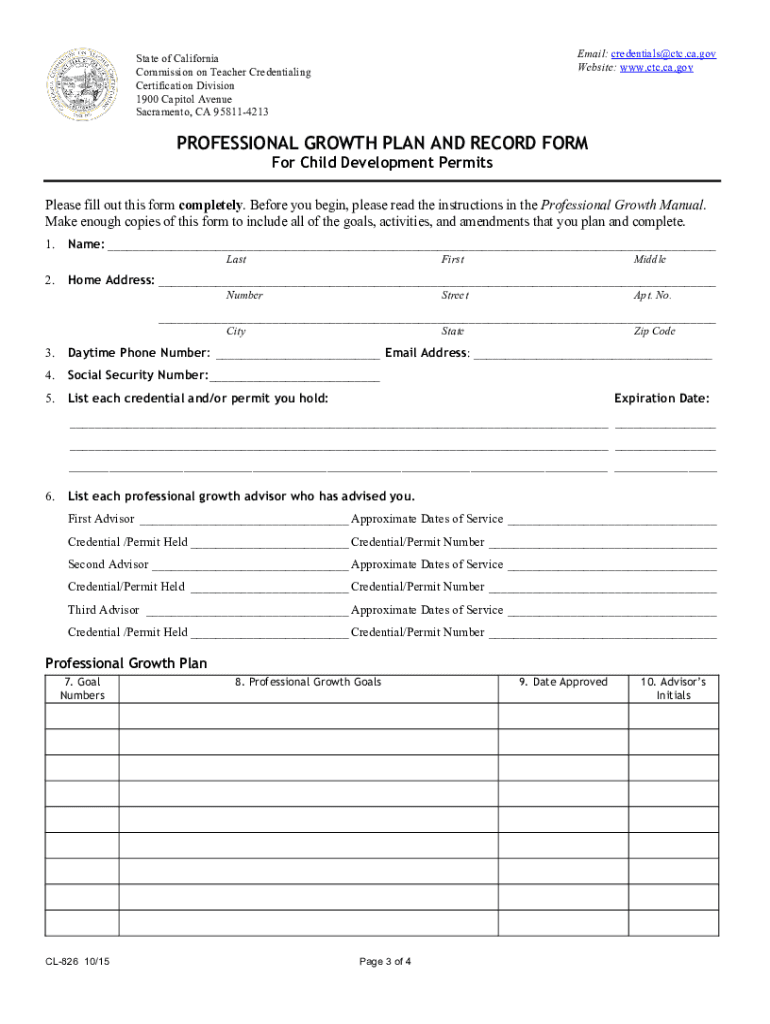 Fillable Online Professional Growth Plan And Record Form For Child ...