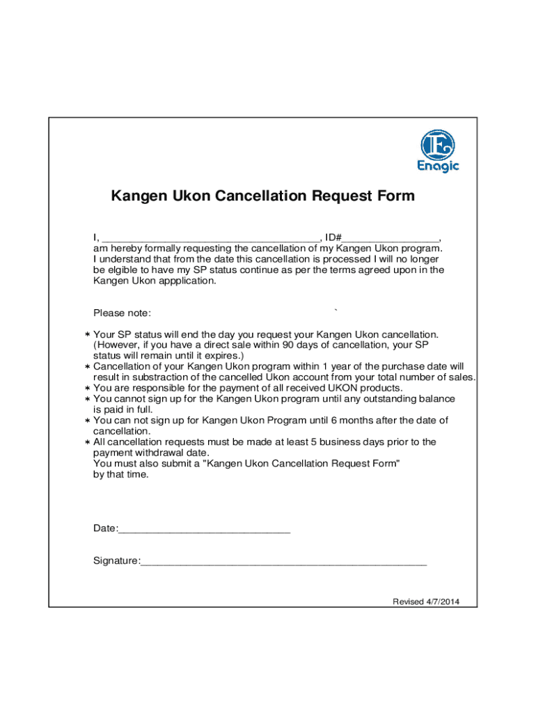 2014 Enagic Kangen Ukon Cancellation Request Form Fill Online ...