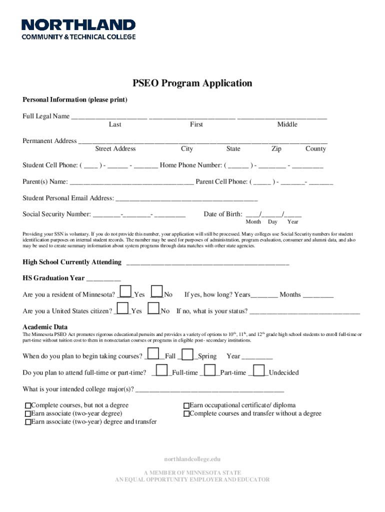 Fillable Online Post-Secondary Enrollment Options (PSEO) Program ...