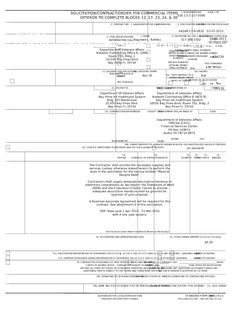 A.1 SF1449 SOLICITATION/CONTRACT/ORDER FOR COMMERCIAL ... Doc Template ...