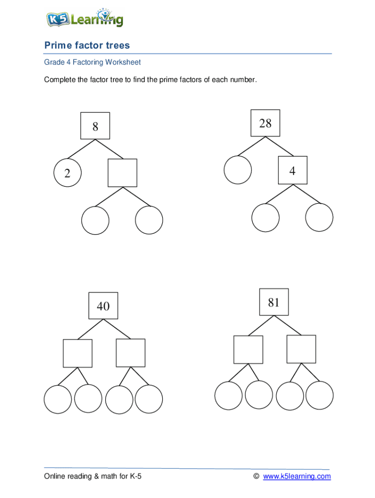 Fillable Online Grade 4 Factoring Worksheet - Prime factor trees. Grade ...