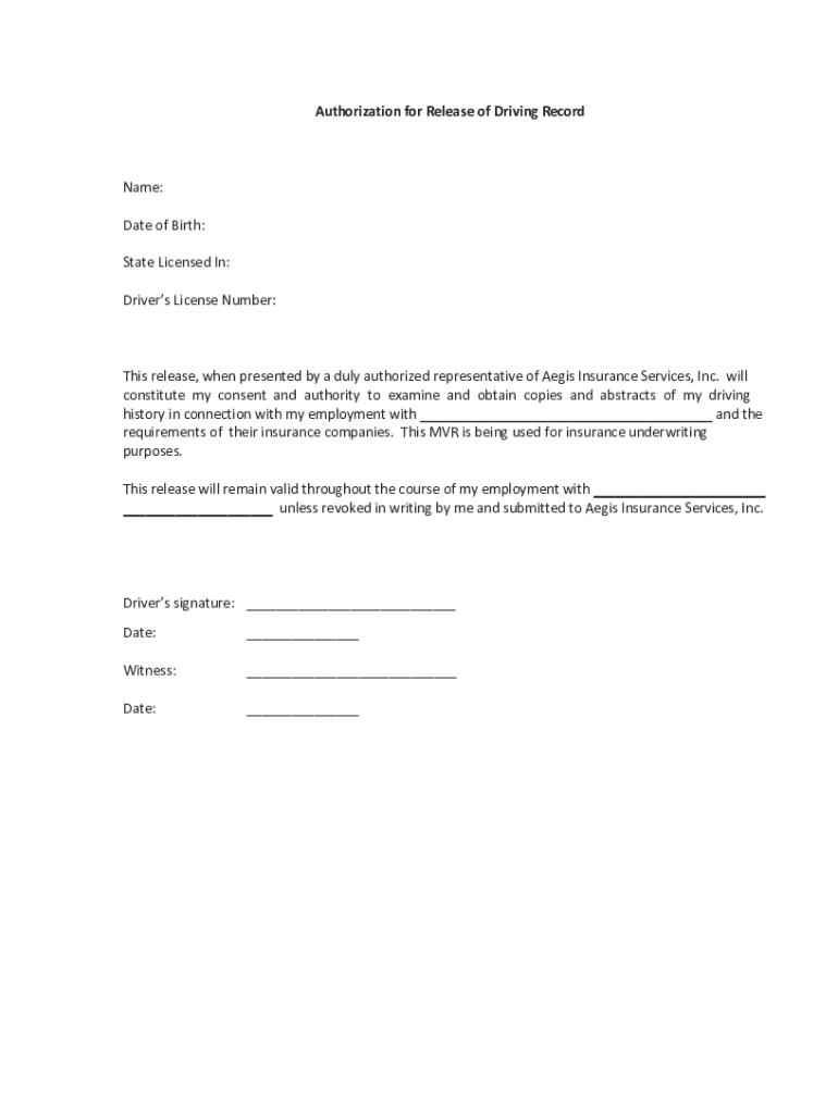 Fillable Online MVR Authorization Form - Aegis Insurance Services, Inc. Fax Email Print - pdfFiller