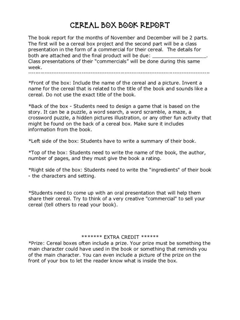 Pdf Printable Cereal Box Book Report Template - Fill Online, Printable ...