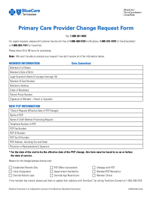 Fillable Online Primary Care Provider Change Request Form. Primary Care ...