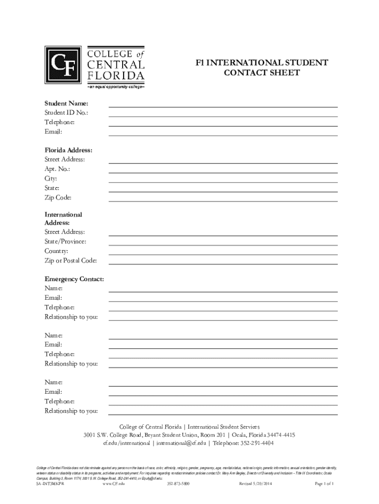 Fillable Online pr cf F-1 INTERNATIONAL STUDENT CONTACT INFORMATION ...
