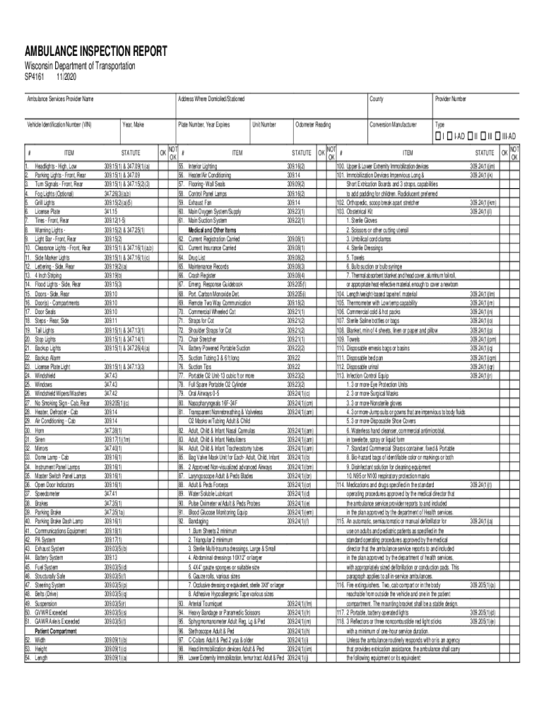 Fillable Online AMBULANCE INSPECTION REPORT Wisconsin Department of ... Fax Email Print - pdfFiller
