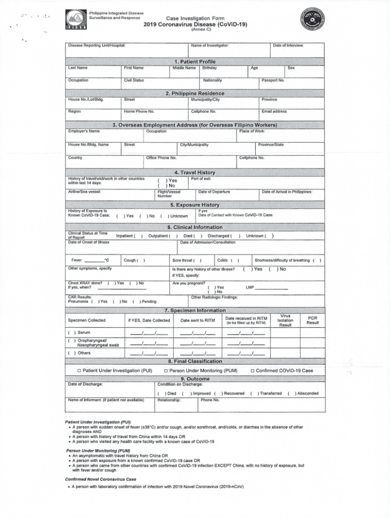 Fillable Online Philippine Integrated Disease Case Investigation Form ...