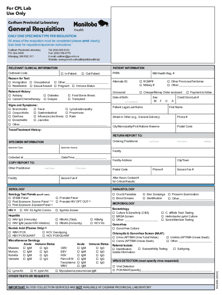 Fillable Online Cadham Provincial Laboratory General Requisition Health ...