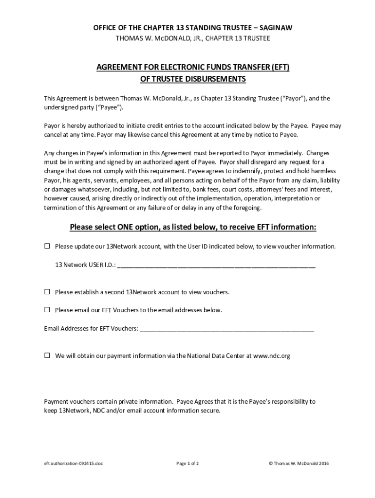 Fillable Online AGREEMENT FOR ELECTRONIC FUNDS TRANSFER (EFT) OF ...