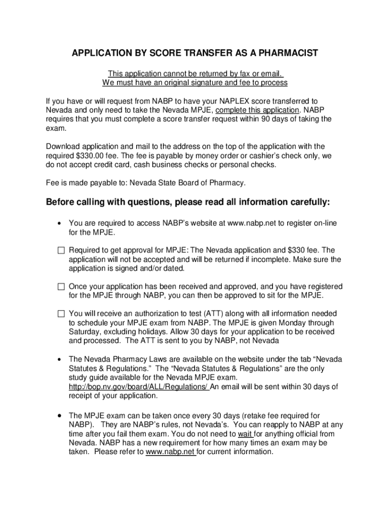Fillable Online bop nv APPLICATION BY RECIPROCATION AS A PHARMACIST Fax ...
