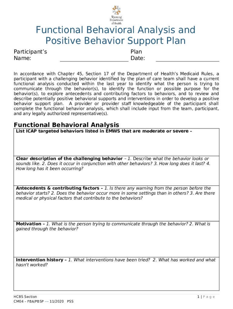 Sample Positive Behavior Support Plan atDDD2/2008 Doc Template | pdfFiller