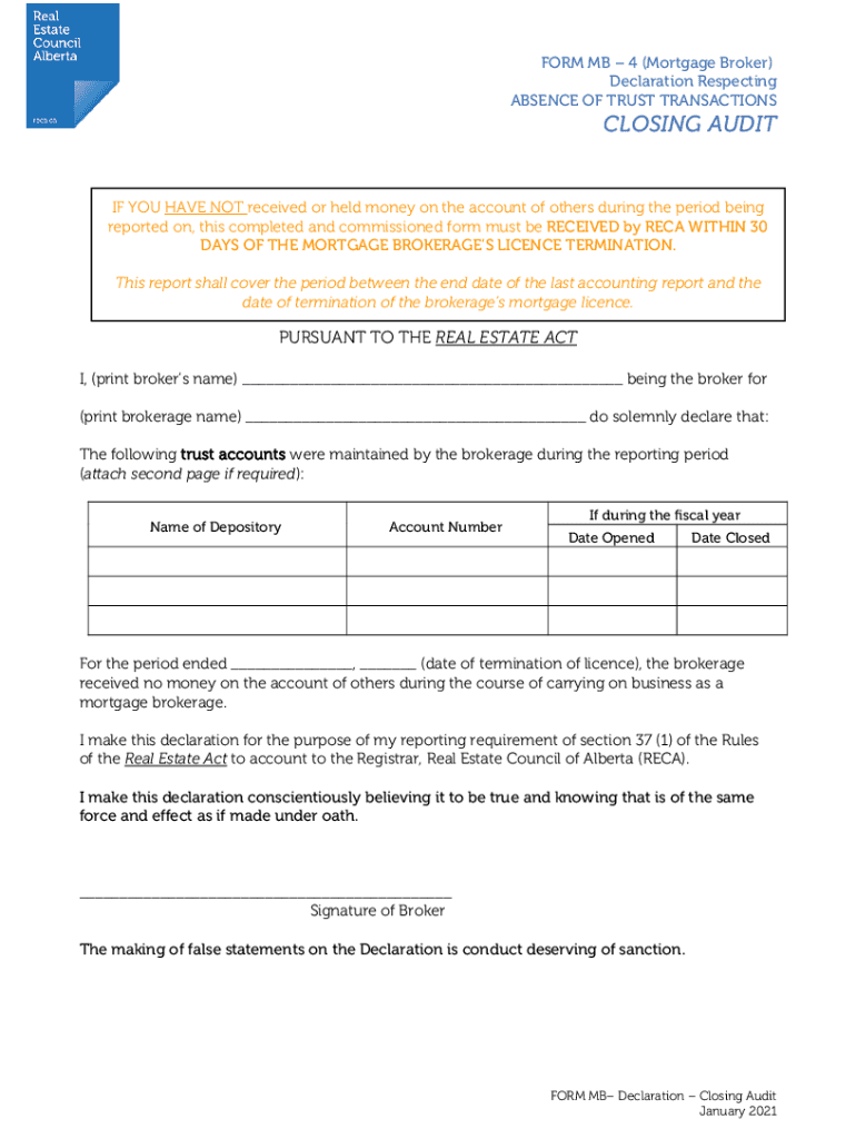 Fillable Online CLOSING AUDIT - RECA Fax Email Print - pdfFiller