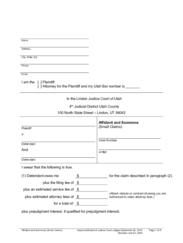 Fillable Online Affidavit and Summons - Kane County, Utah Fax Email ...