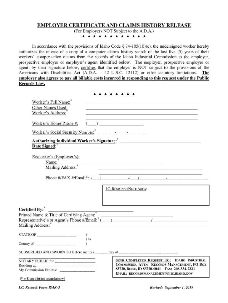 Fillable Online iic idaho EMPLOYER CERTIFICATE AND CLAIMS HISTORY ...