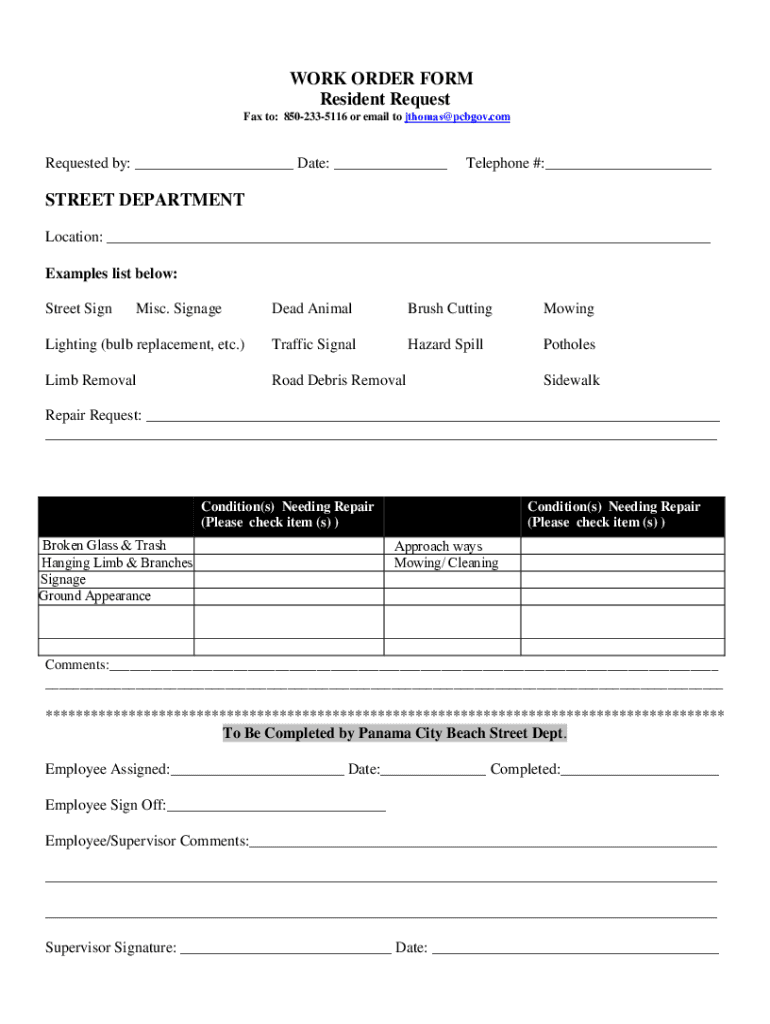 Fillable Online WORK ORDER FORM Resident Request STREET DEPARTMENT Fax ...