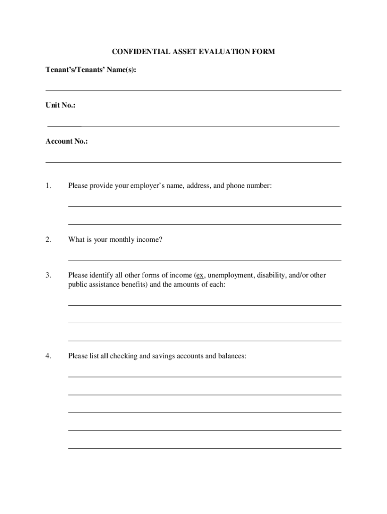 Fillable Online CONFIDENTIAL ASSET EVALUATION FORM Tenant's/Tenants ...