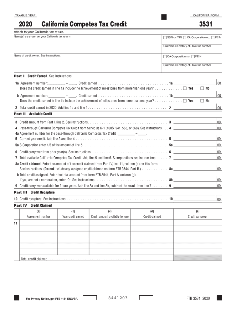 Fillable Online California Form 3531 (California Competes Tax Credit ...