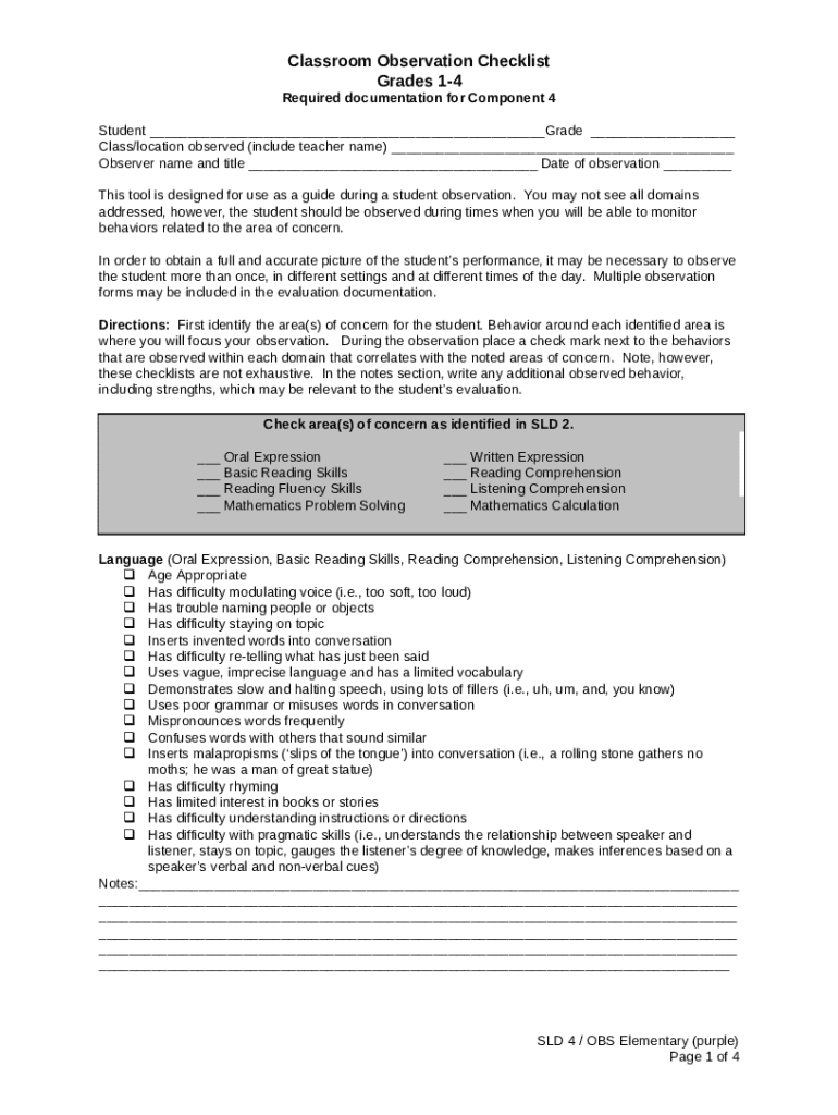 Observation Checklist Pre-School/Kindergarten (SLD4-OBS Pre-K) Doc ...
