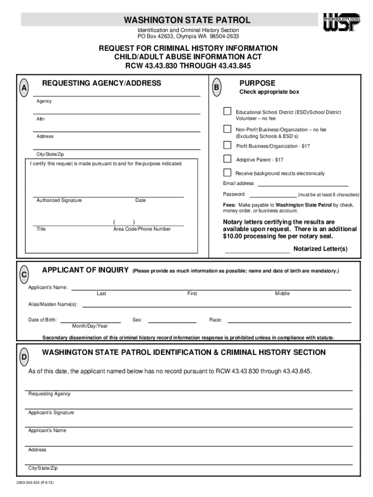 Fillable Online CRIMINAL HISTORY RECORD REQUEST - Washington State Fax ...