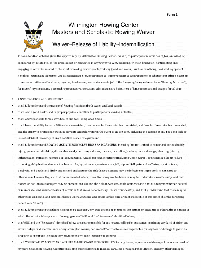 Fillable Online Waiver - Wilmington Rowing Center - Masters and ...