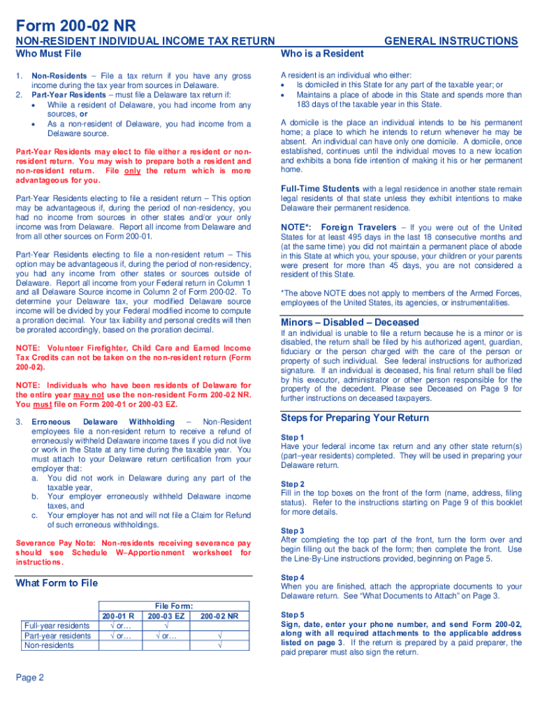 Fillable Online Delaware Form 200-02 (Non-Resident Individual Income ...