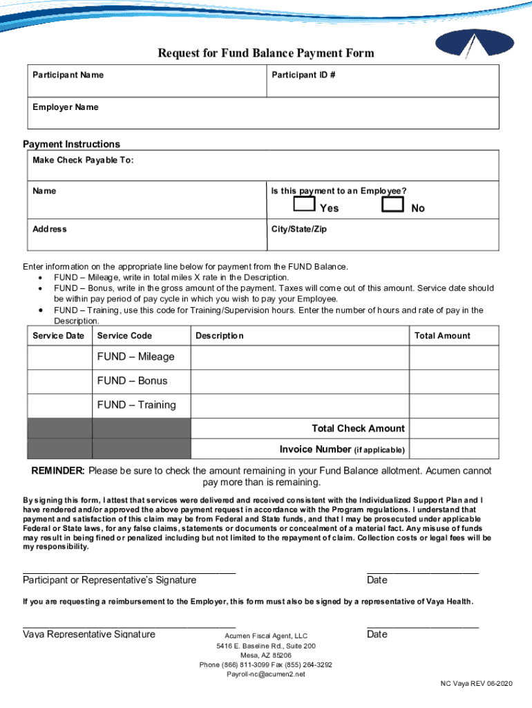 Fillable Online Request for Fund Balance Payment Form Fax Email Print ...