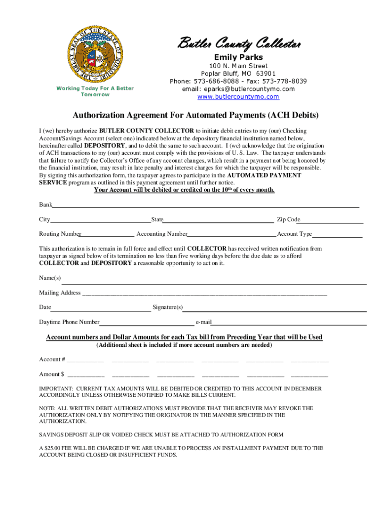 Fillable Online Authorization Agreement For Automated Payments (ACH Debits) Fax Email Print ...