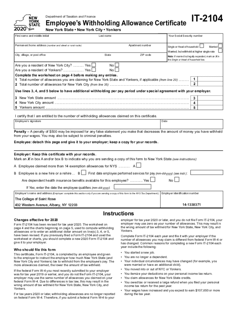 Fillable Online IT-2104 Employees Withholding Allowance Certificate Fax ...