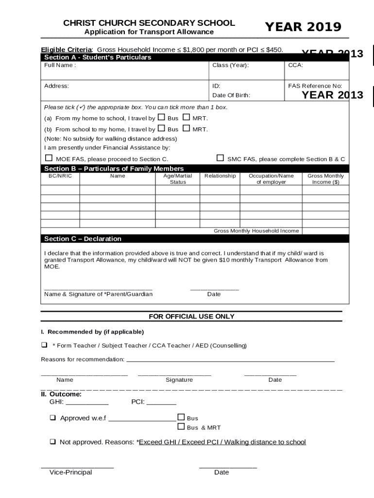 Application for Transport Allowance - christchurchsec moe edu Doc ...