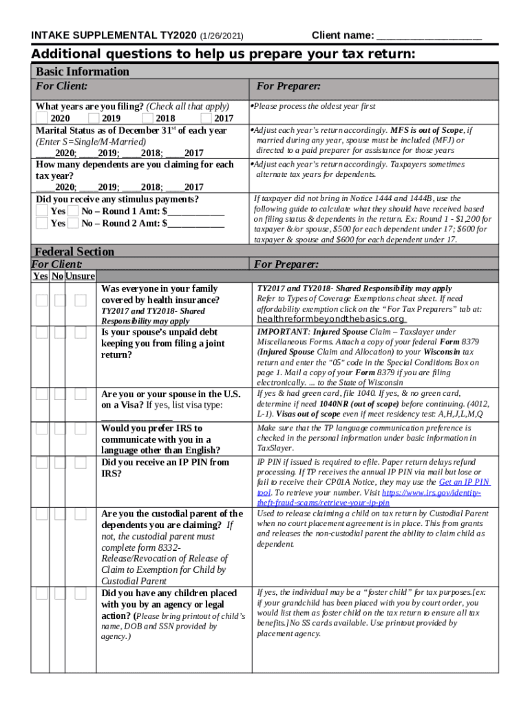 VITA - TAX PREPARATION INTAKE Doc Template | pdfFiller