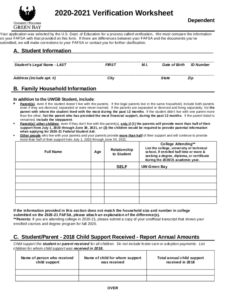 PDF 20202021 DEPENDENT VERIFICATION WORKSHEET (V1) Doc Template | pdfFiller