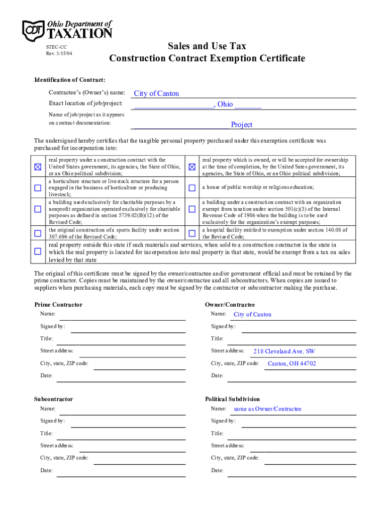 Fillable Online Sales and Use Tax Construction Contract Exemption ...