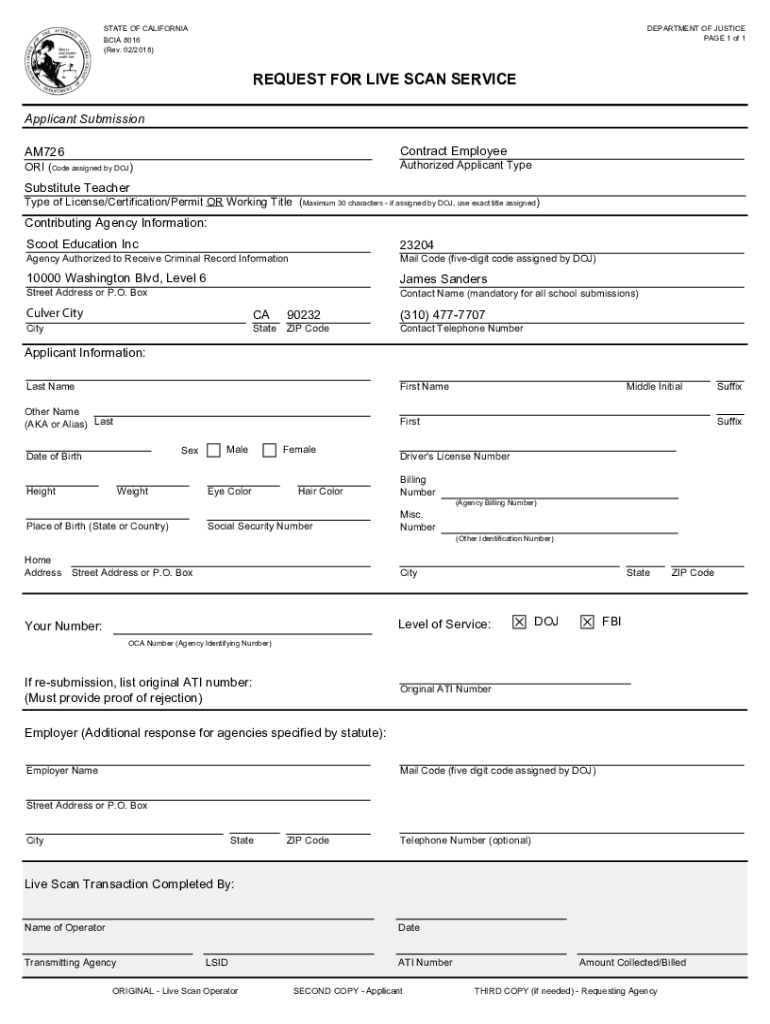 Fillable Online BCIA 8016, Request for Live Scan Service - California ...