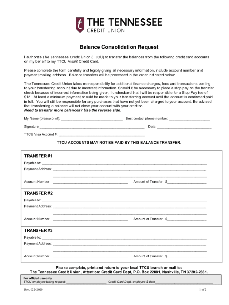 Fillable Online Balance Consolidation Request - The Tennessee Credit Union Fax Email Print ...