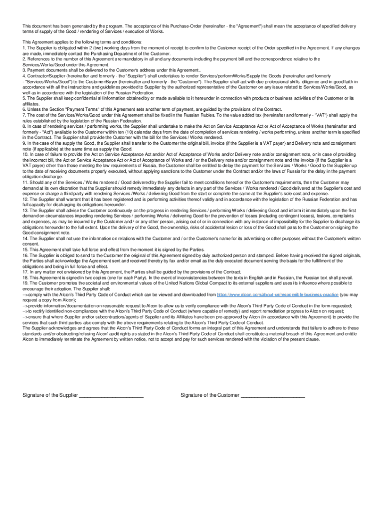 Fillable Online Signature of the Supplier Signature of the Customer ...