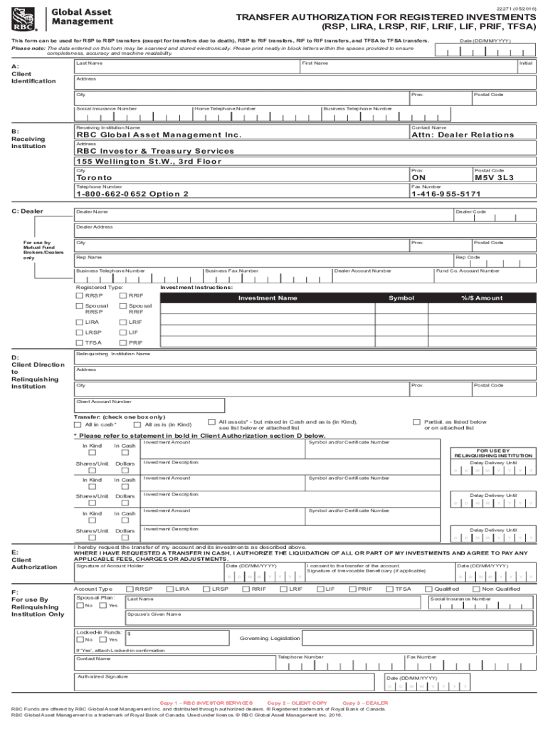 Fillable Online TRANSFER AUTHORIZATION FOR REGISTERED INVESTMENTS (RSP ...