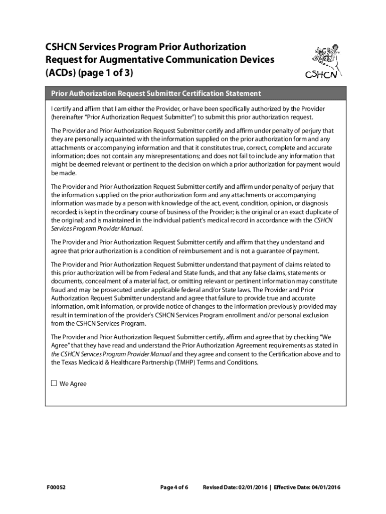 Fillable Online F00050 CSHCN Prior Authorization and Authorization ...