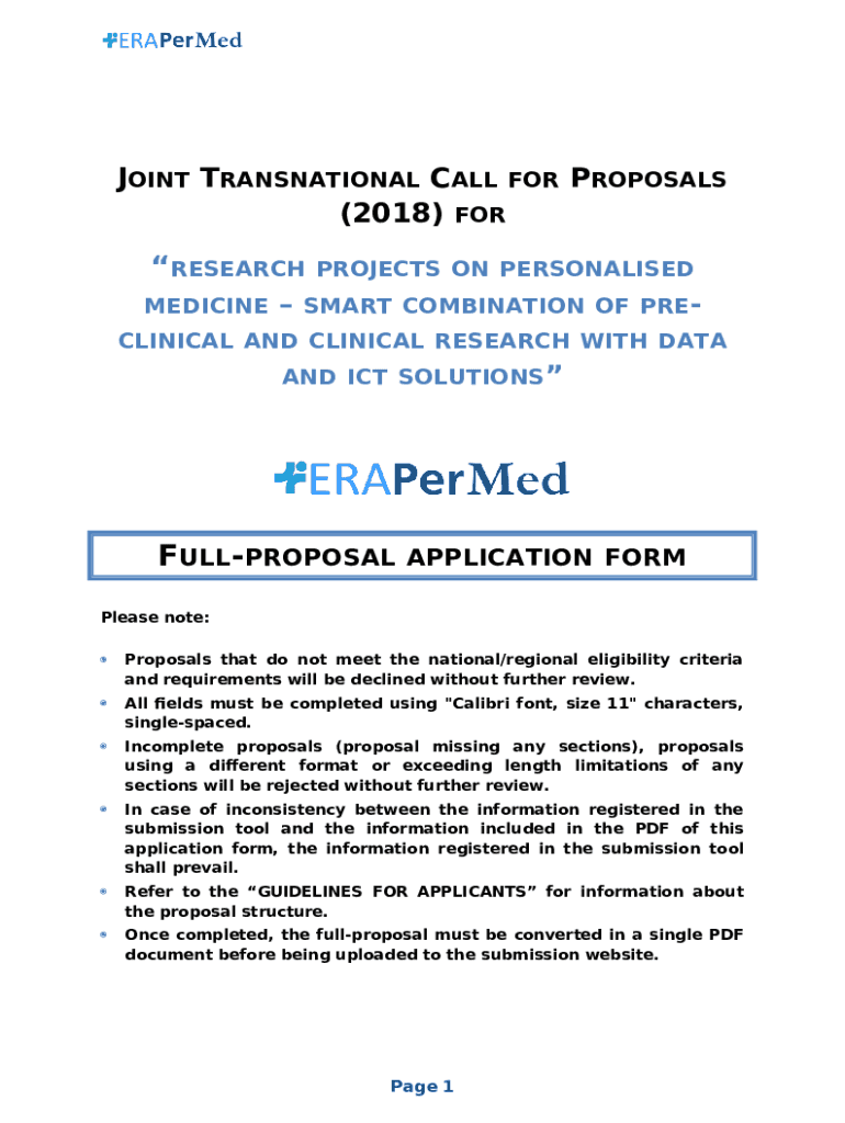 ERA PerMed JTC2018 full-proposal application Doc Template | pdfFiller