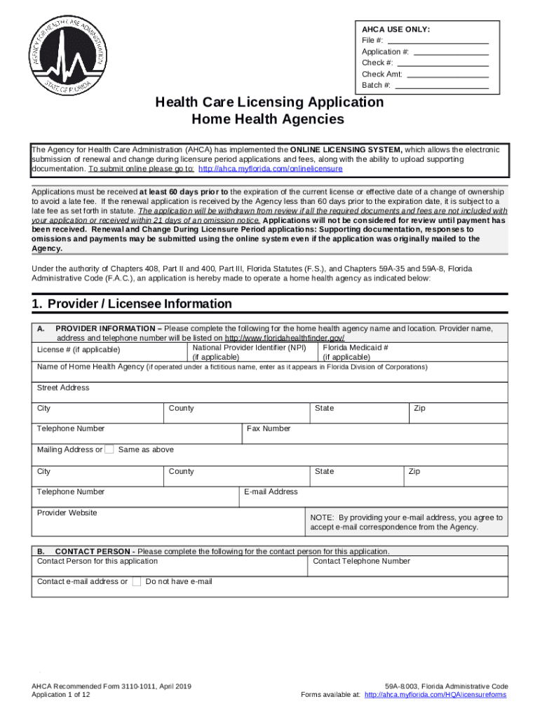 Health Care Licensing Application Application #: HOME ... Doc Template ...