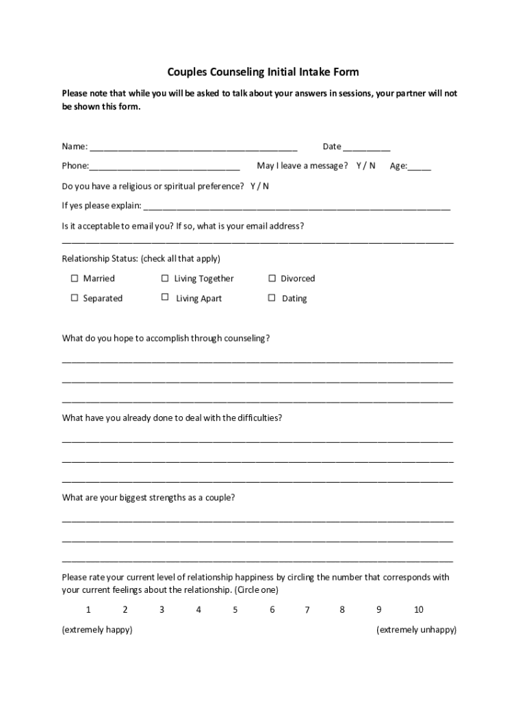Fillable Online Couples Counseling Initial Intake Form Name of Partner Fax Email Print - pdfFiller