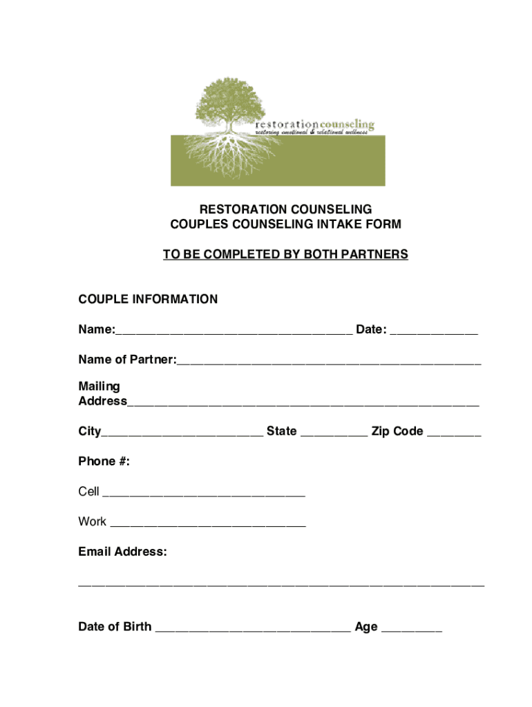 Fillable Online Couples Counseling Initial Intake Form - Restoration ...